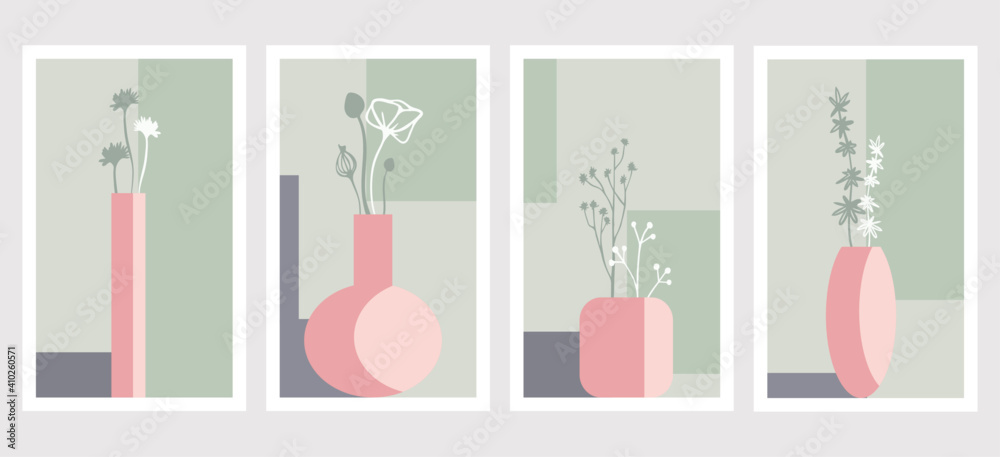 posters in the style of minimalism, with flowers and herbs in warm ...