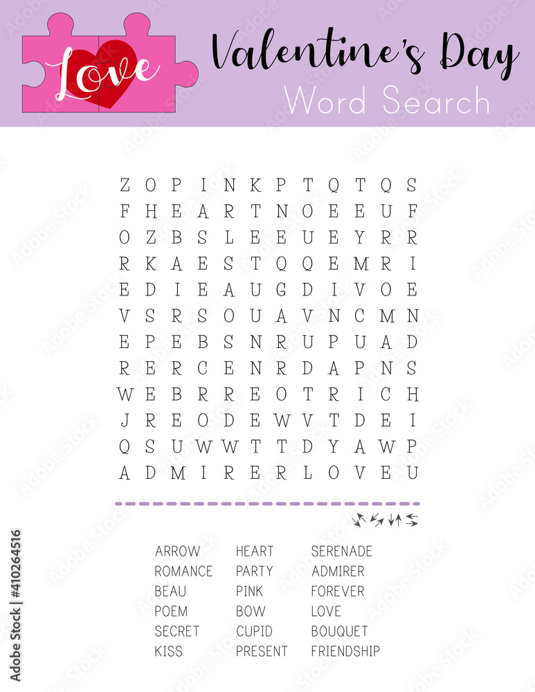 St. Valentine's Day word search puzzle. Educational game for learning ...