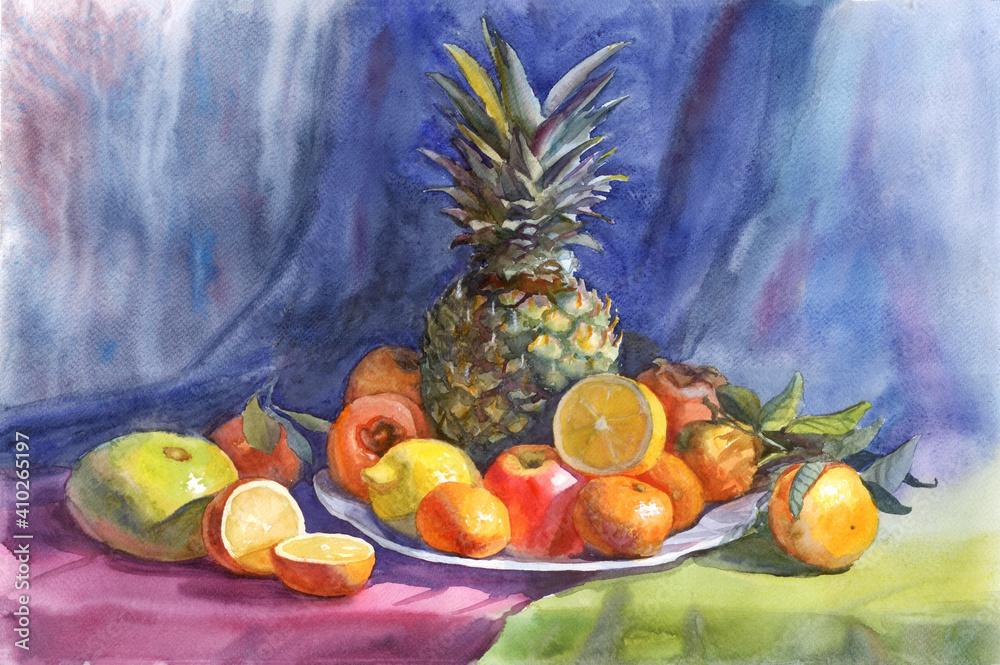 Watercolor Still life with tropical fruits. Fresh fruits and veggies ...
