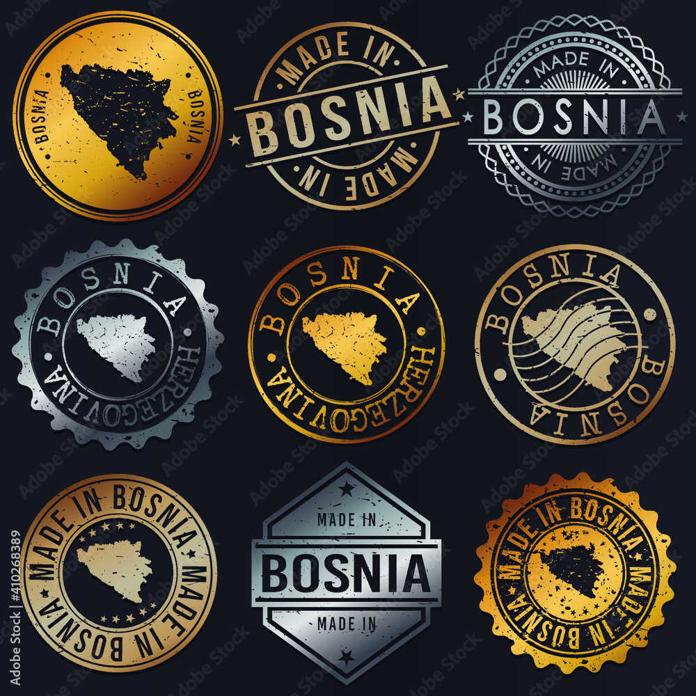 Bosnia and Herzegovina Map Metal Stamps. Gold Made In Product Seal ...