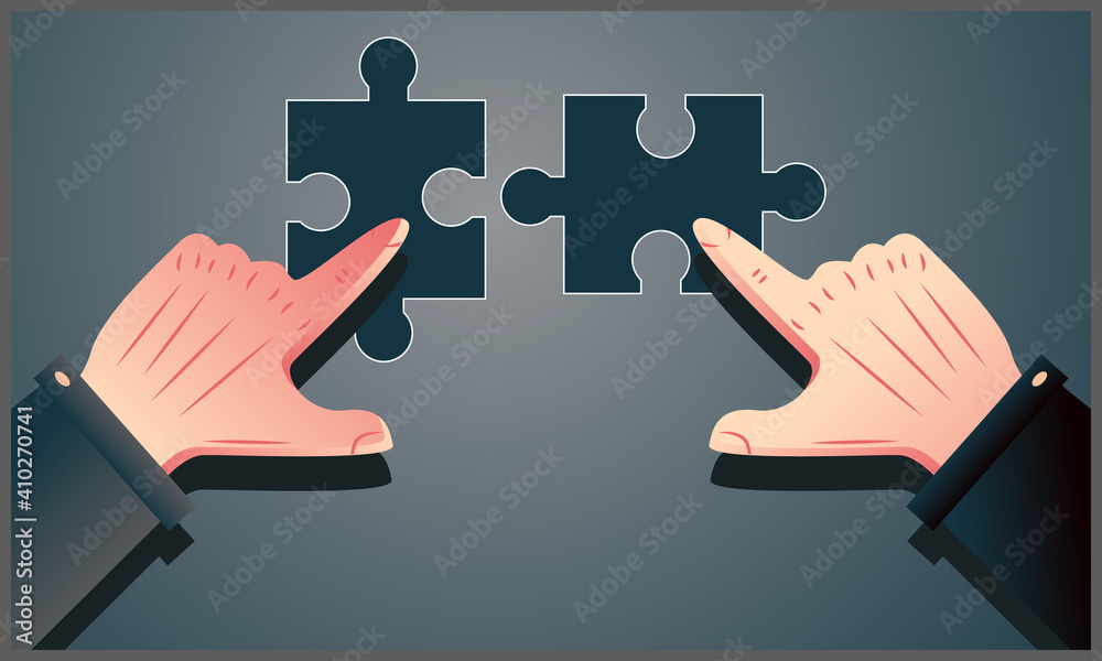 vector illustration of two hands combining two pieces of a puzzle ...