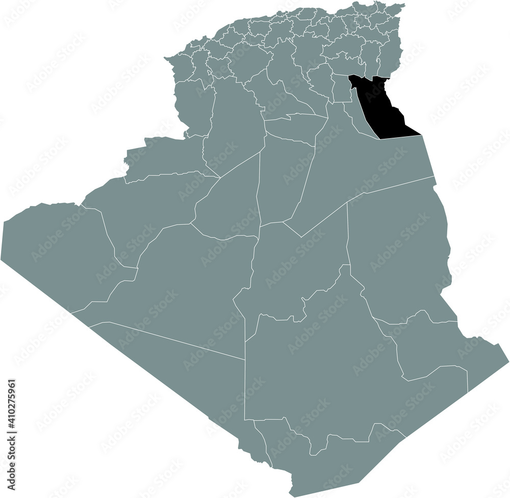 Black location map of the Algerian El Oued province inside gray map of ...