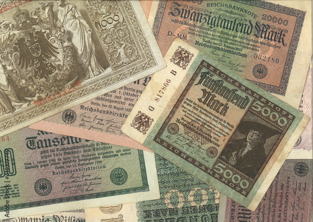 Old historic German inflation bank notes. The Rentenmark was a currency ...