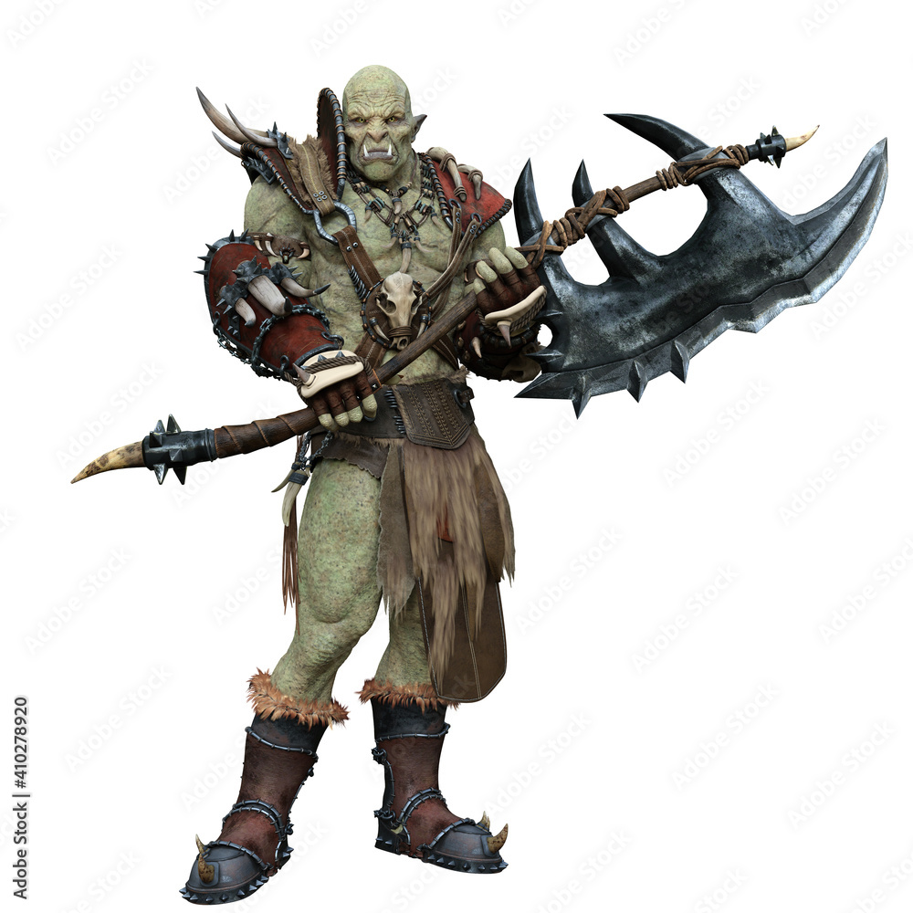 Orc warrior in battle armour holding a giant axe. Stock Illustration ...