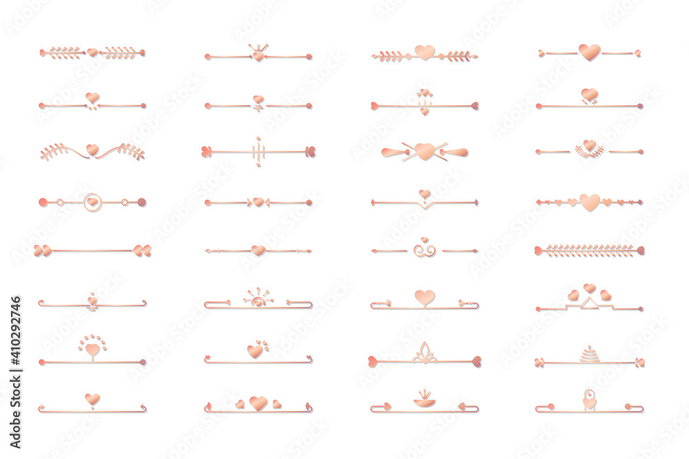 Heart divider rose gold line border set. Graphic love metallic ...