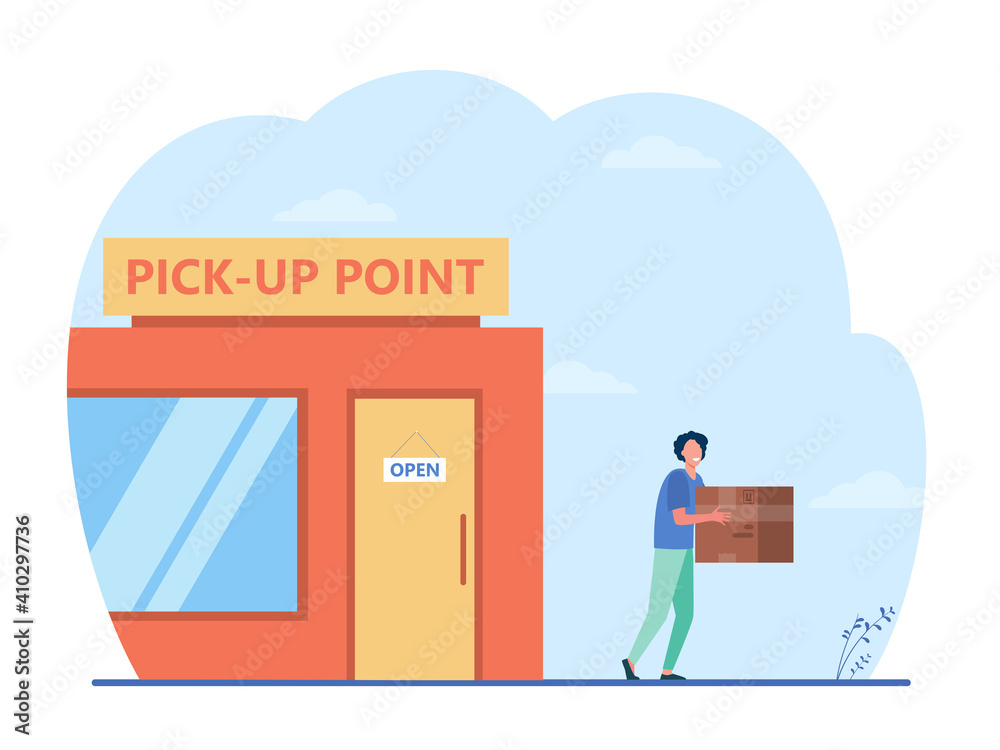 Customer carrying box from delivery service office. Pickup point ...