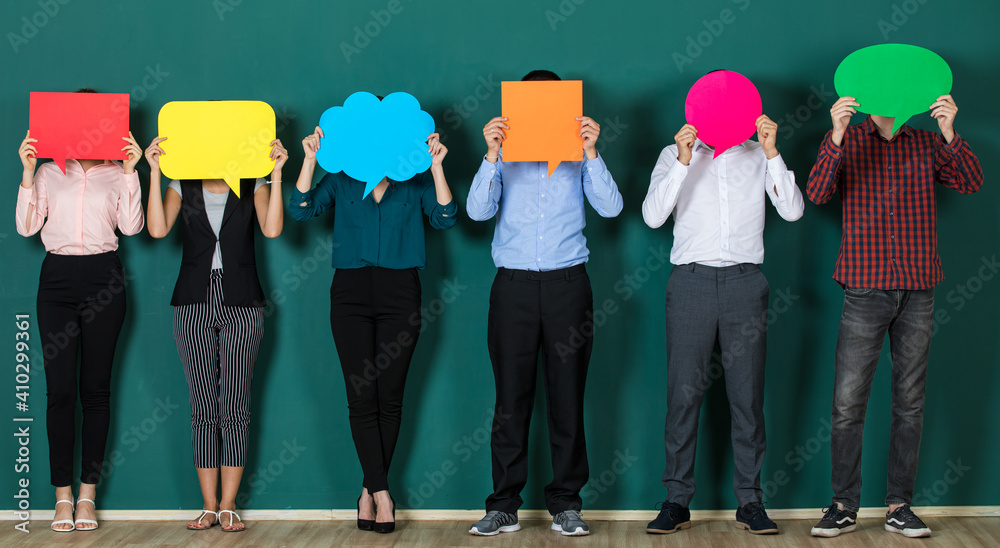 Group of six business people team standing together and holding ...