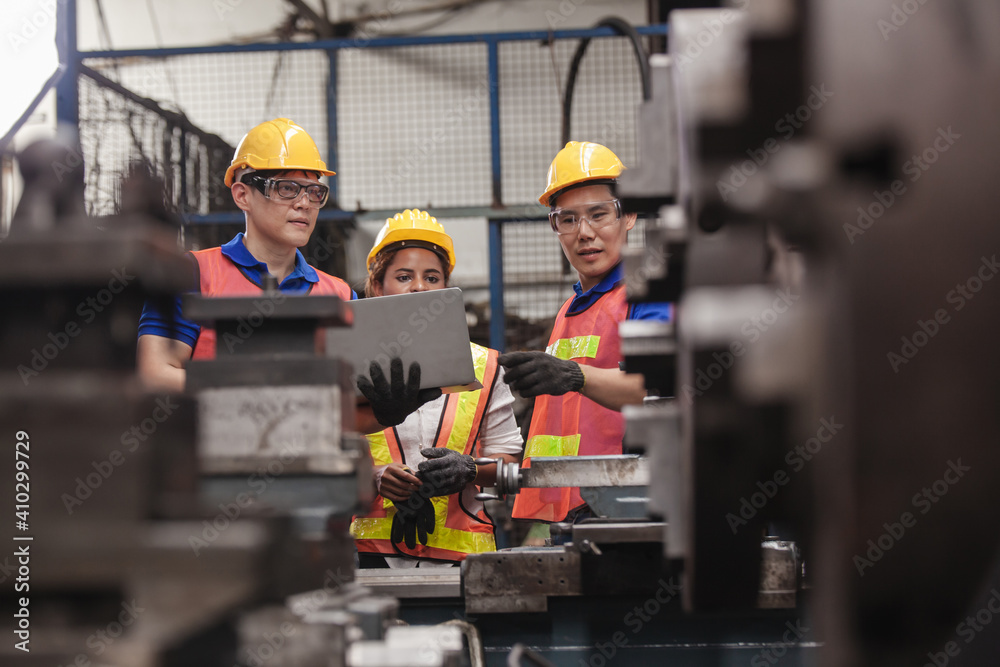 worker Industrial Engineers Talk with Factory Worker while Using Laptop ...