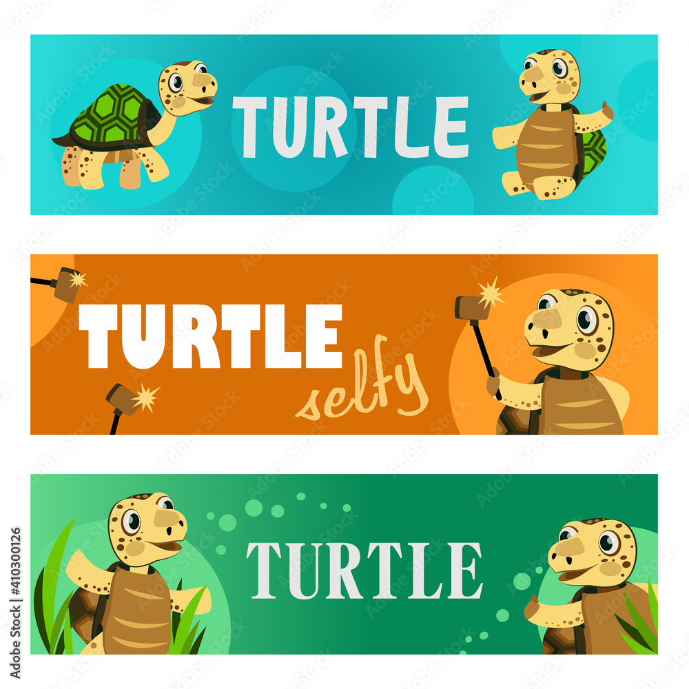 Creative banner designs with lovely turtles. Vivid brochures for cute ...