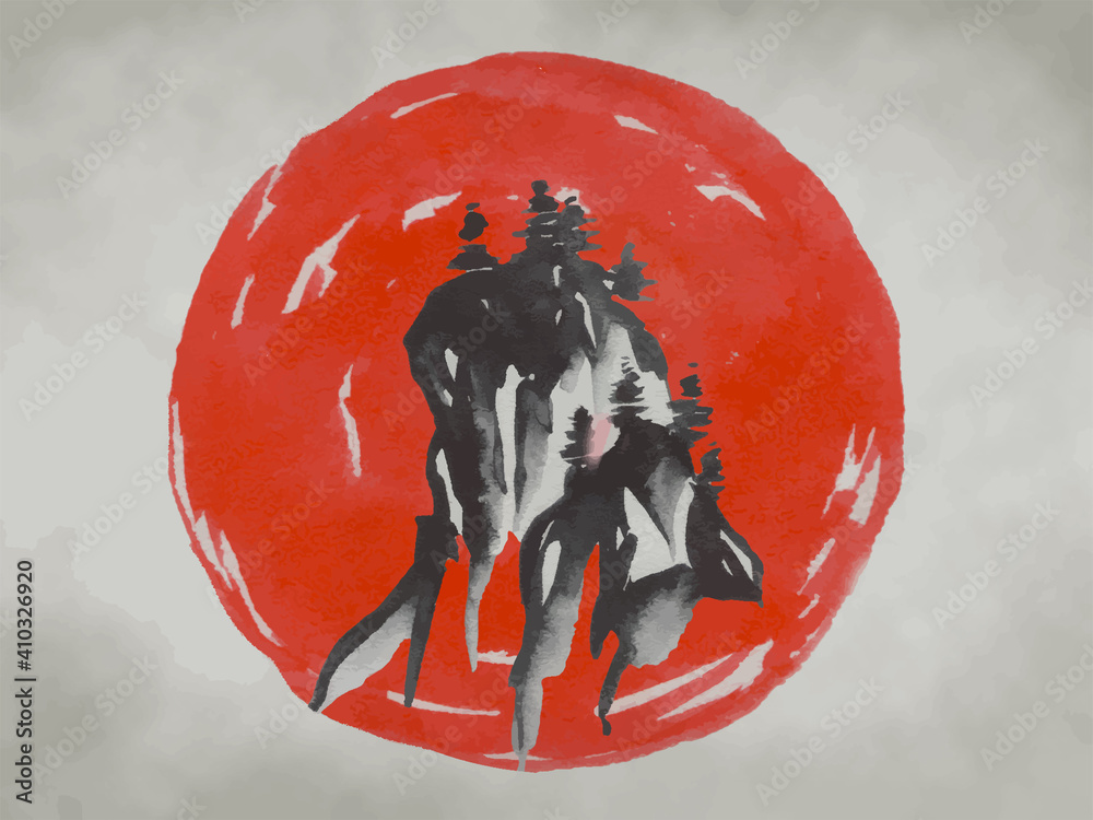 Japan traditional sumi-e painting. Fuji mountain, sakura, sunset. Japan ...