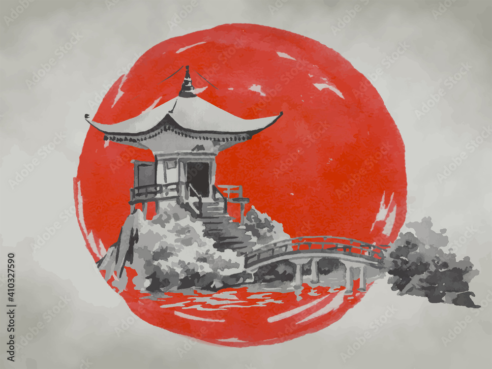Japan traditional sumi-e painting. Fuji mountain, sakura, sunset. Japan ...