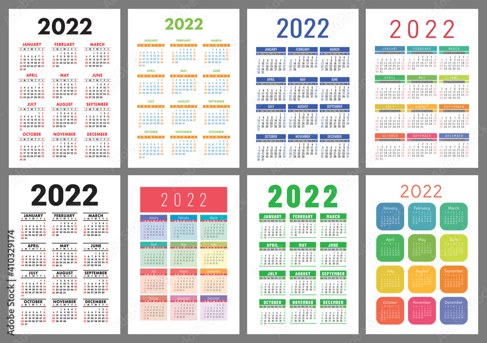 Pocket calendar 2022. Portrait orientation. English colorful vector set ...