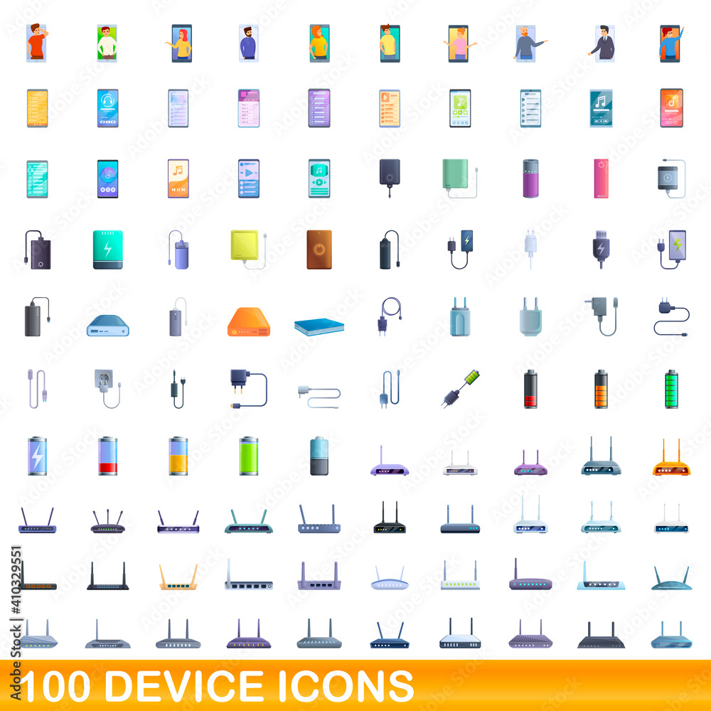 100 device icons set. Cartoon illustration of 100 device icons vector ...