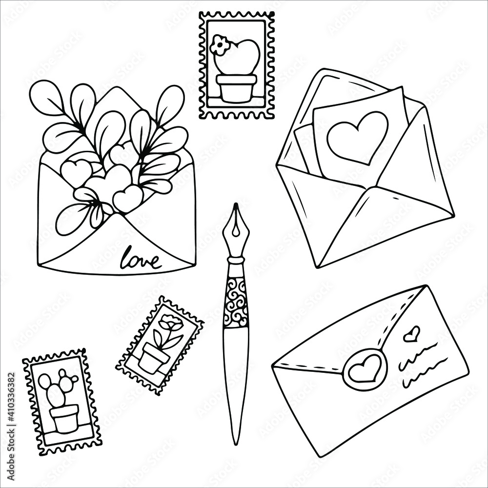 Set Letter. A message in an envelope. Declared in love. Simple drawing ...