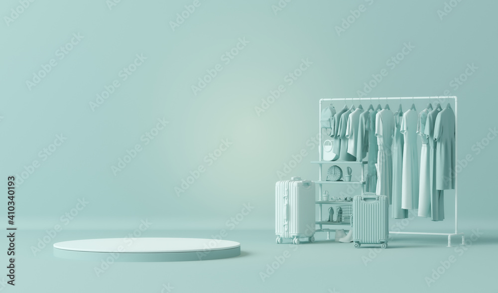 Clothes on grunge background, shelf and podium on pastel blue ...