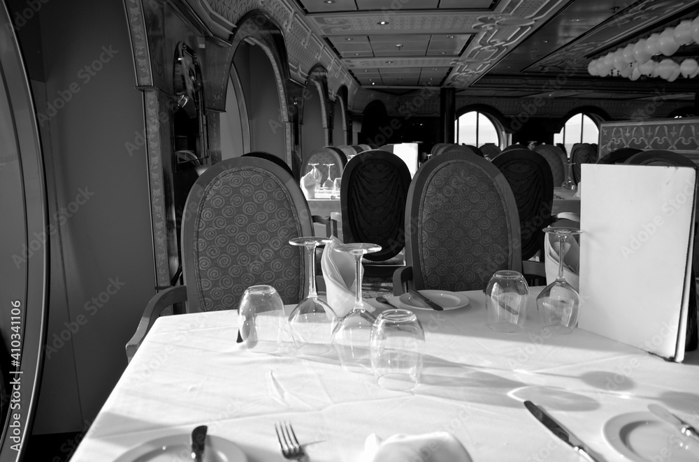 Elegant and formal dining room or restaurant onboard Italian luxury ...