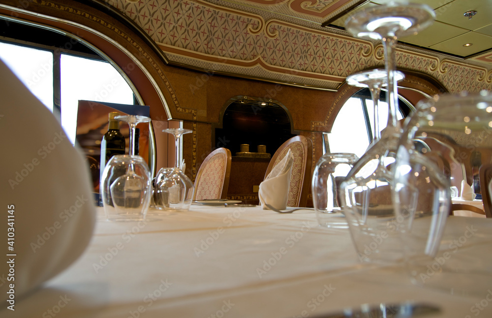Elegant and formal dining room or restaurant onboard Italian luxury ...
