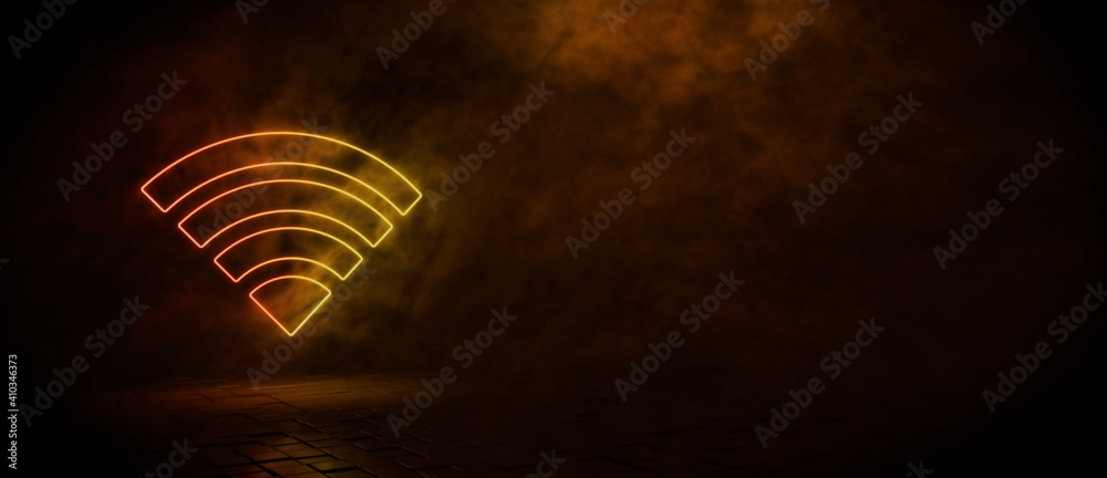 Orange and yellow neon light wifi icon. Vibrant colored technology ...