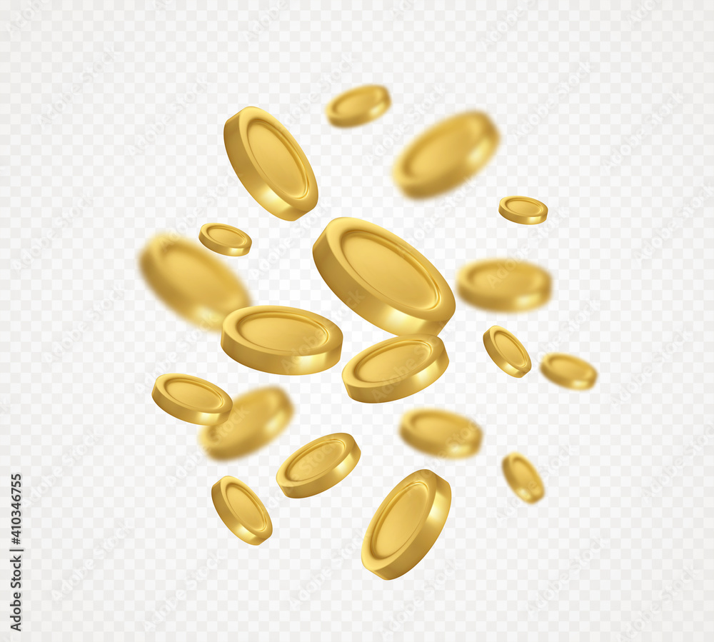 Flying golden coins isolated on white transparent background. Vector ...