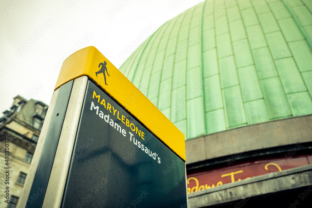London-: Madame Tussauds exterior signage- a wax museum and popular ...