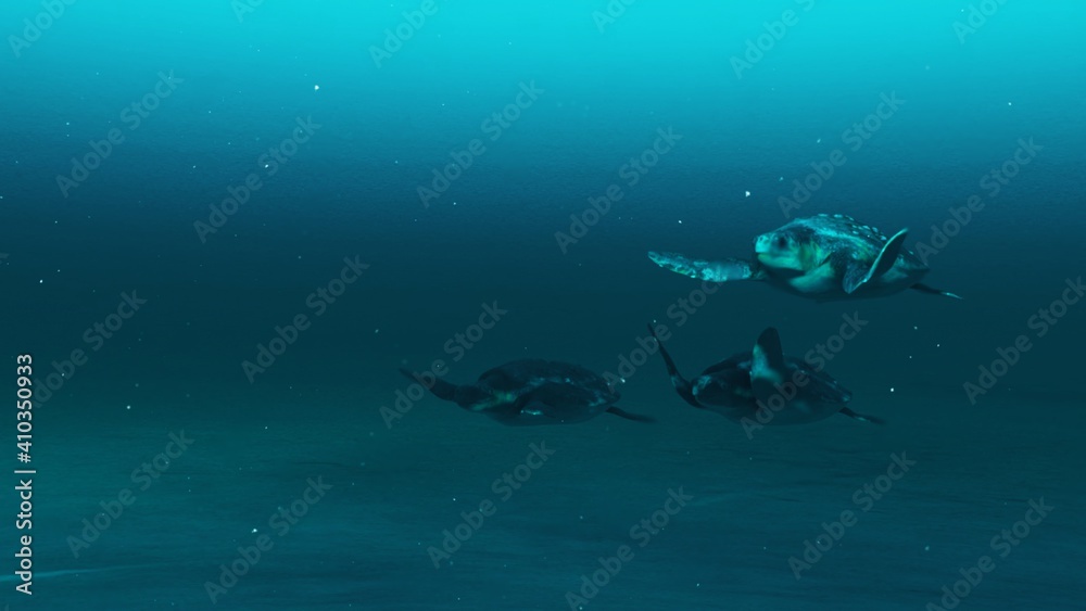 Closeup of Three tortoises swimming in the deep blue ocean water, slow ...