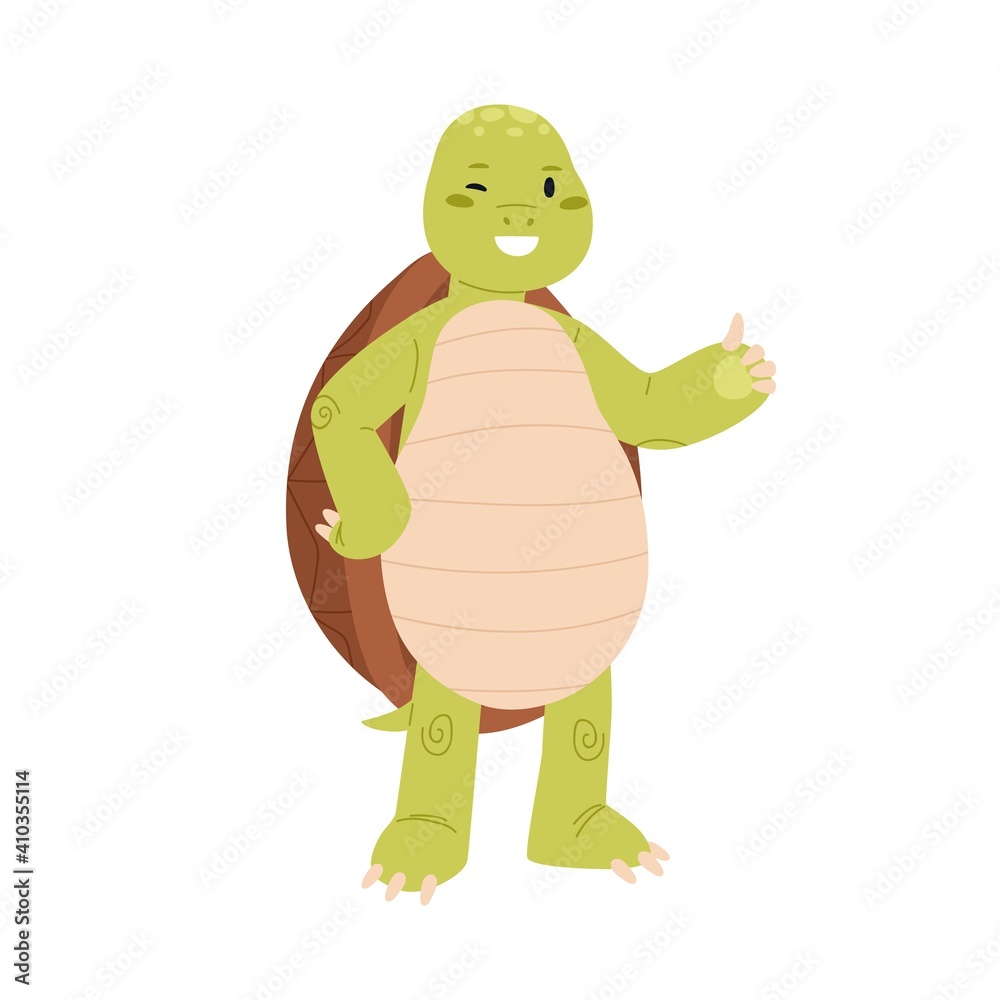 Cute and happy green turtle with thumb up gesture. Funny smiling ...