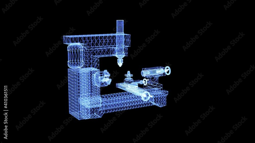 Hologram of a modern metal lathe. 3D animation of milling machine on a ...
