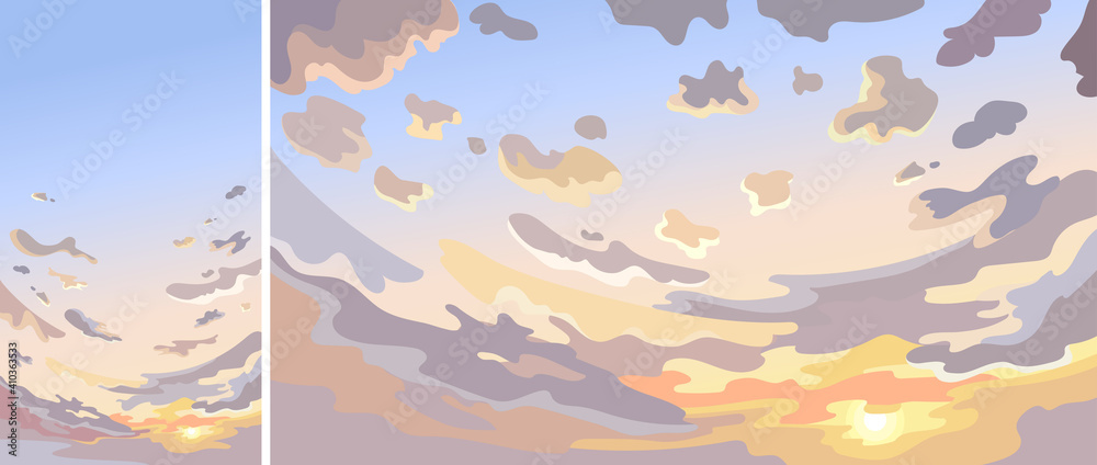 Sky with clouds at dawn. Set of natural sceneries in vertical and ...