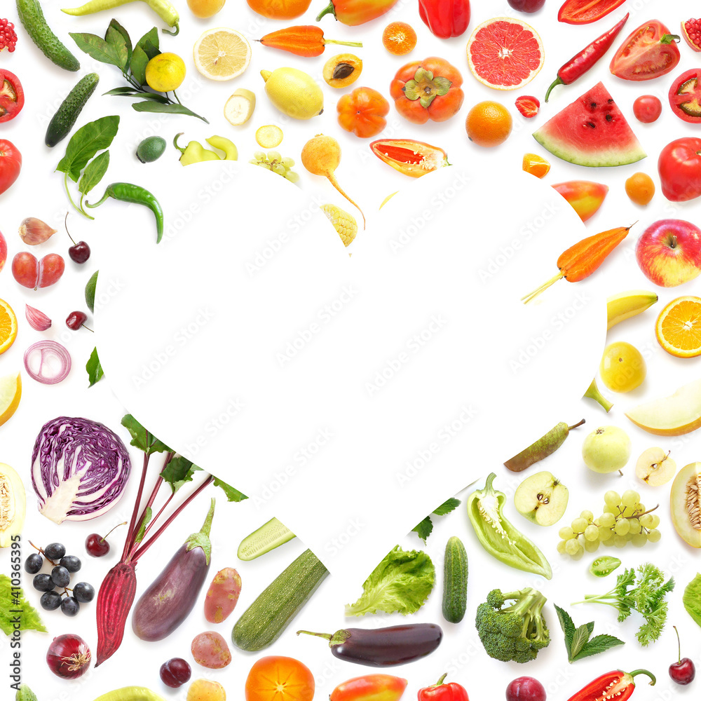 Heart shaped frame from various vegetables and fruits isolated on white ...