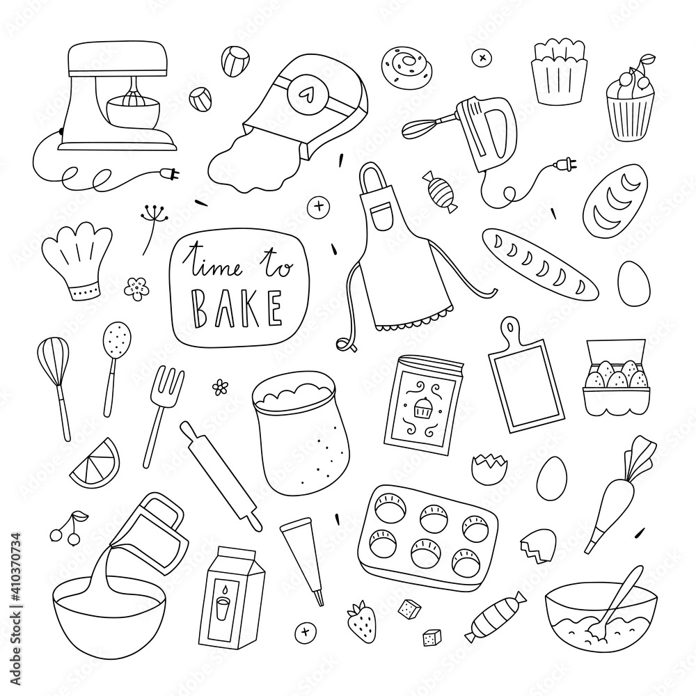 Doodle baking vector set. Kitchen equipment and objects for cooking ...