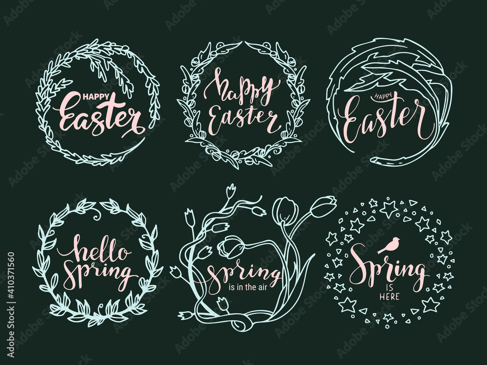 Happy Easter, Hello Spring handwritten lettering. Brush calligraphy ...