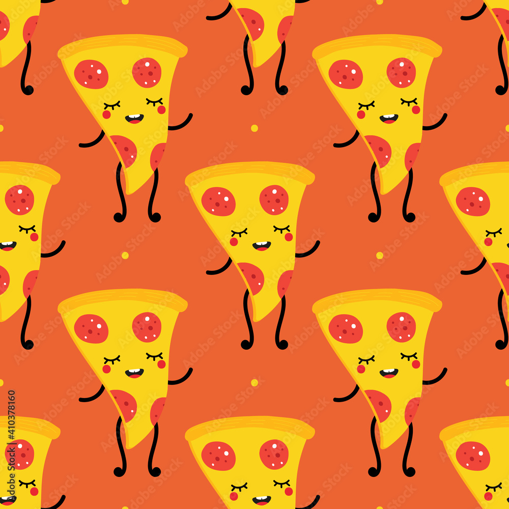 Cute smiling pepperoni pizza slice character vector seamless pattern ...