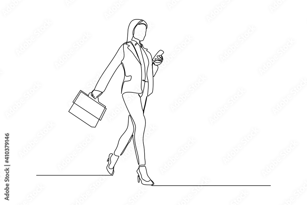 Continuous line drawing of happy young business woman holding briefcase ...