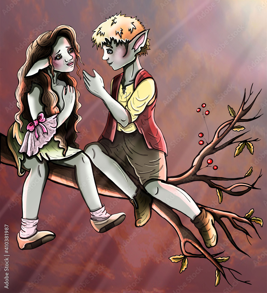 Cartoon, kind characters in full growth, magic couple romantic of cute ...