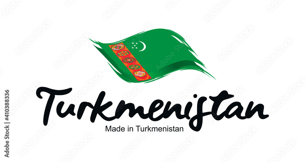 Made in Turkmenistan handwritten flag ribbon typography lettering logo ...