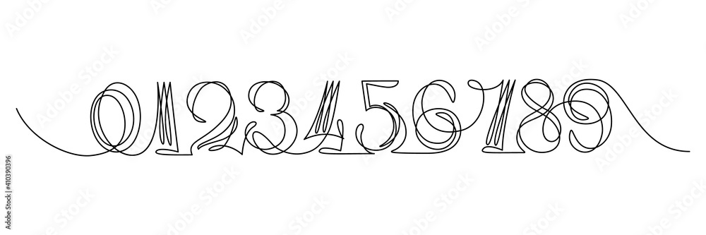 Hand drawn number symbols from 0 to 9. Continuous line drawing doodle ...