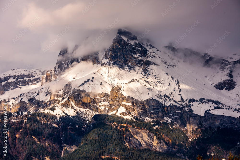 View of the peaks of Mount Tête à l'Ane from Megève..Mont Blanc massif ...