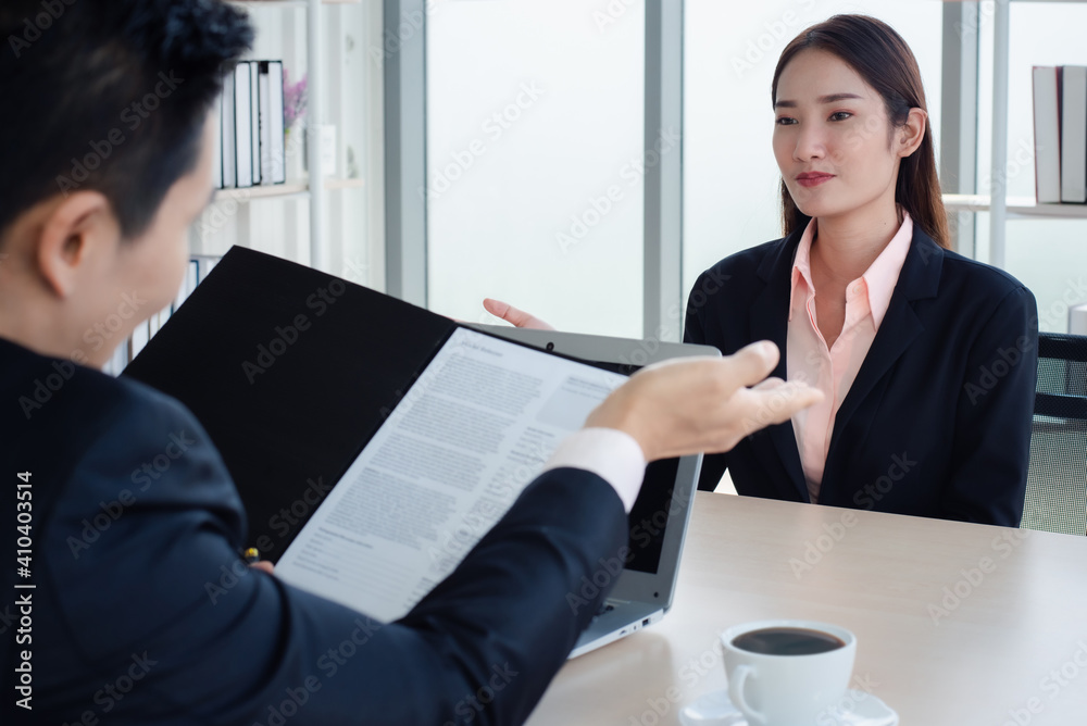 Recruiter interview young asian woman job candidate asking questions ...