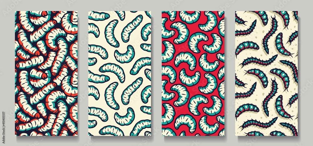 Trendy seamless scary maggots patterns. Set of ugly backgrounds for ...