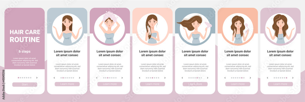 Young woman take care about her hair step by step instruction. UI UX ...