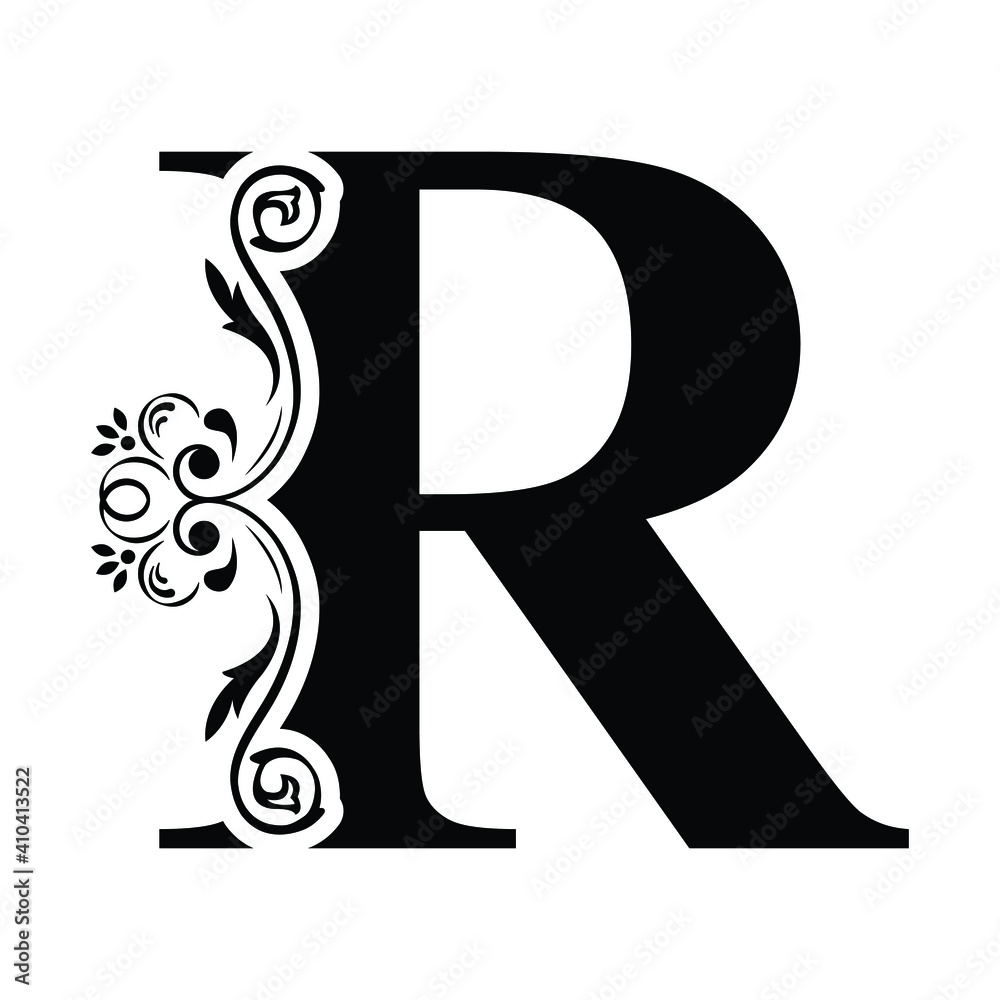 letter R. Black flower alphabet. Beautiful capital letters with shadow ...