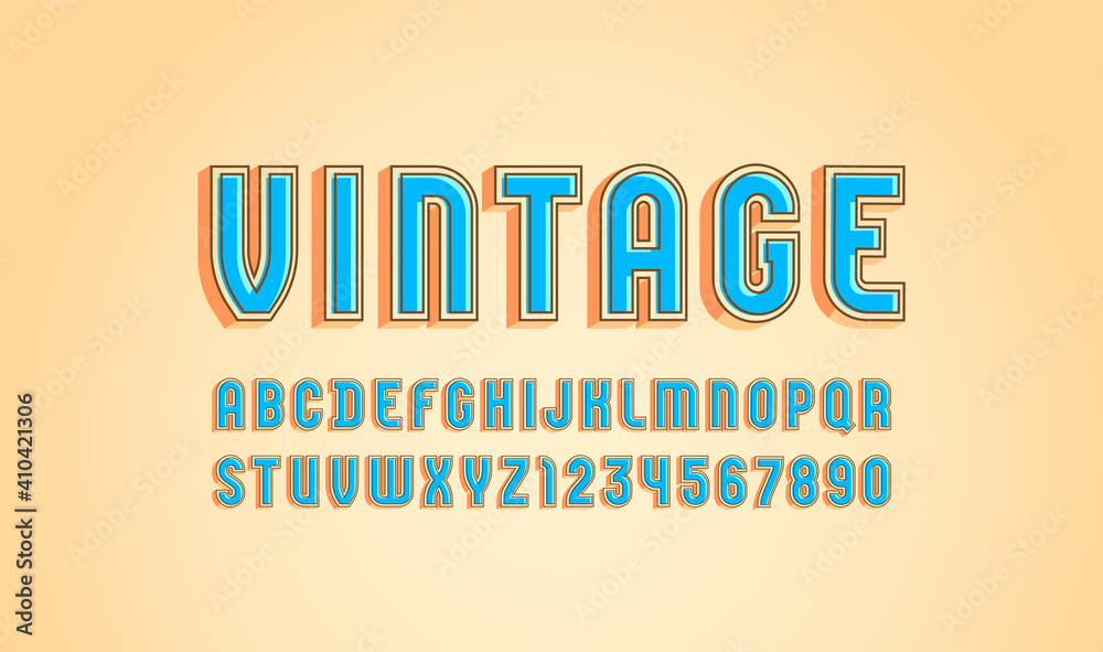 Vintage trendy alphabet, colored 3d modern font, letters and numbers ...