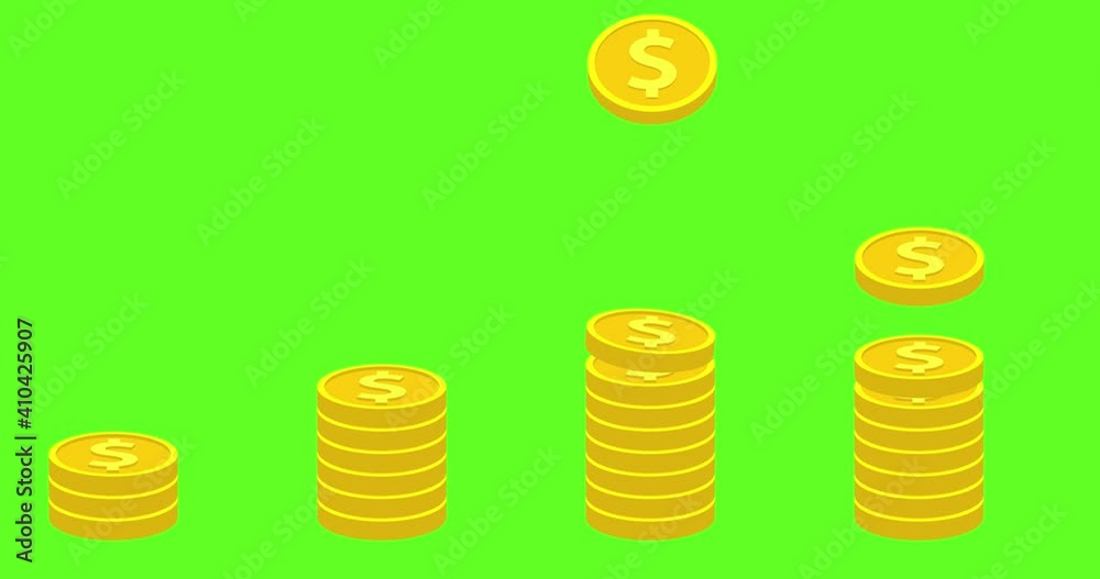 stack of Golden coins falling on top of each other. Green screen ...
