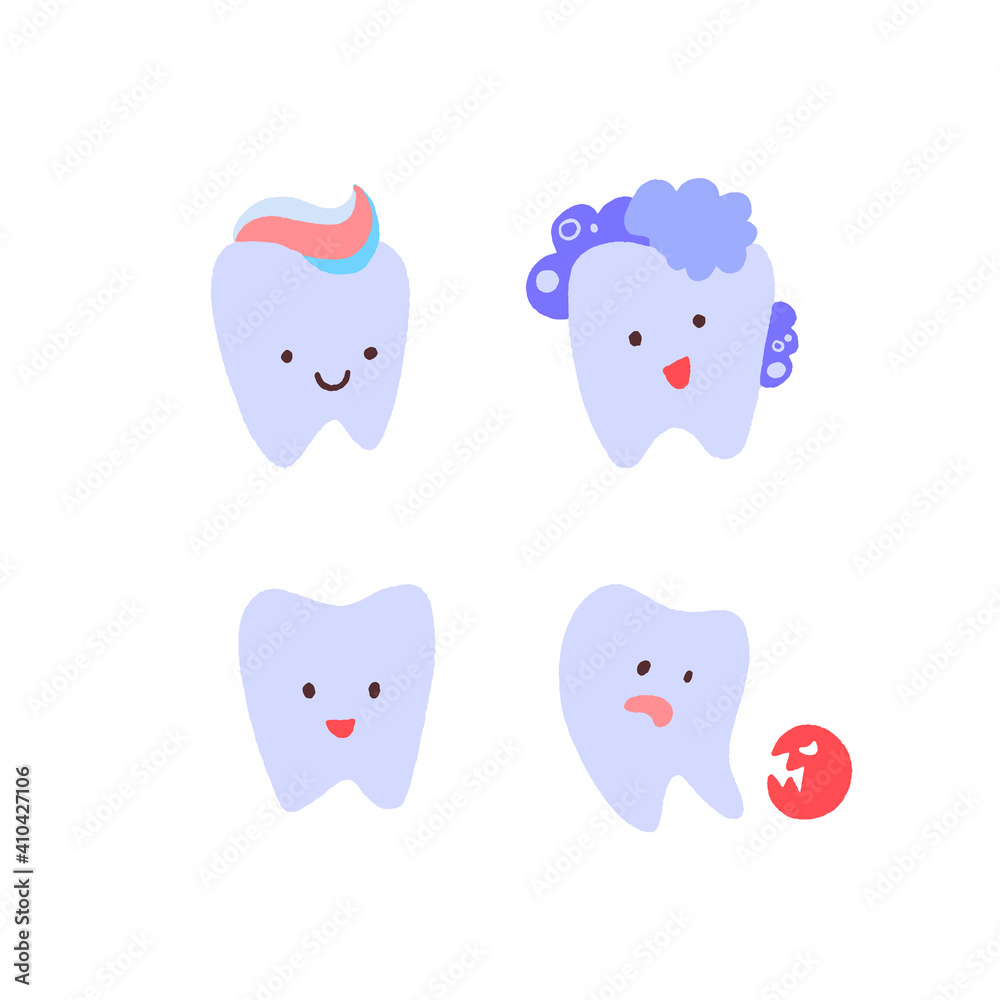 Cute tooth set. Hand drawn cartoon characters with different emotions ...