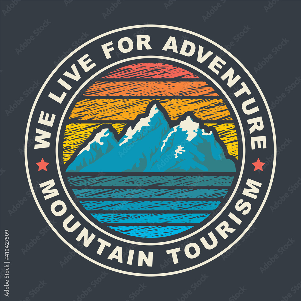 Round travel banner or label in retro style with snow-crowned mountains ...