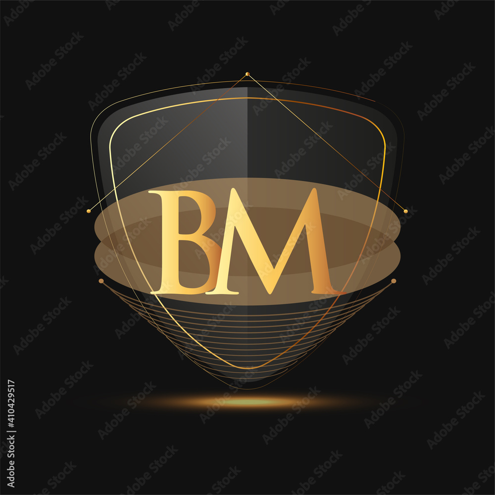Initial logo letter BM with shield Icon golden color isolated on dark ...