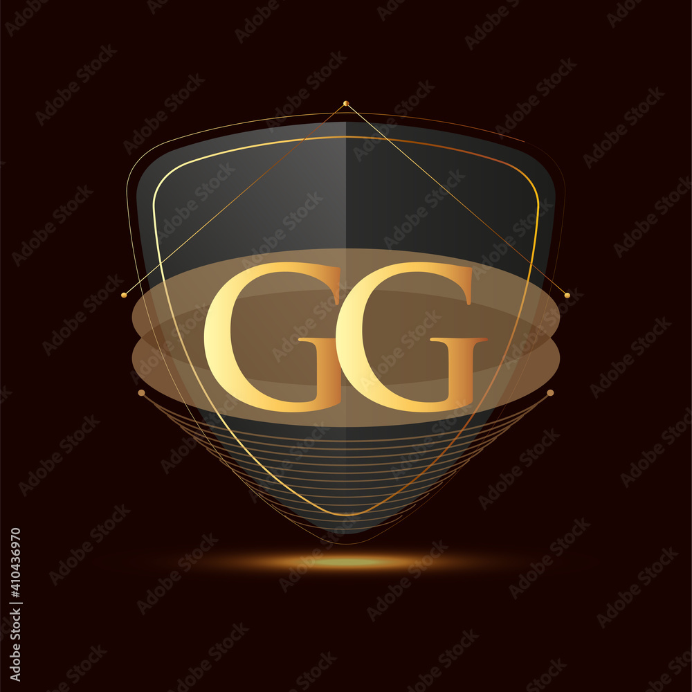 Initial logo letter GG with shield Icon golden color isolated on dark ...