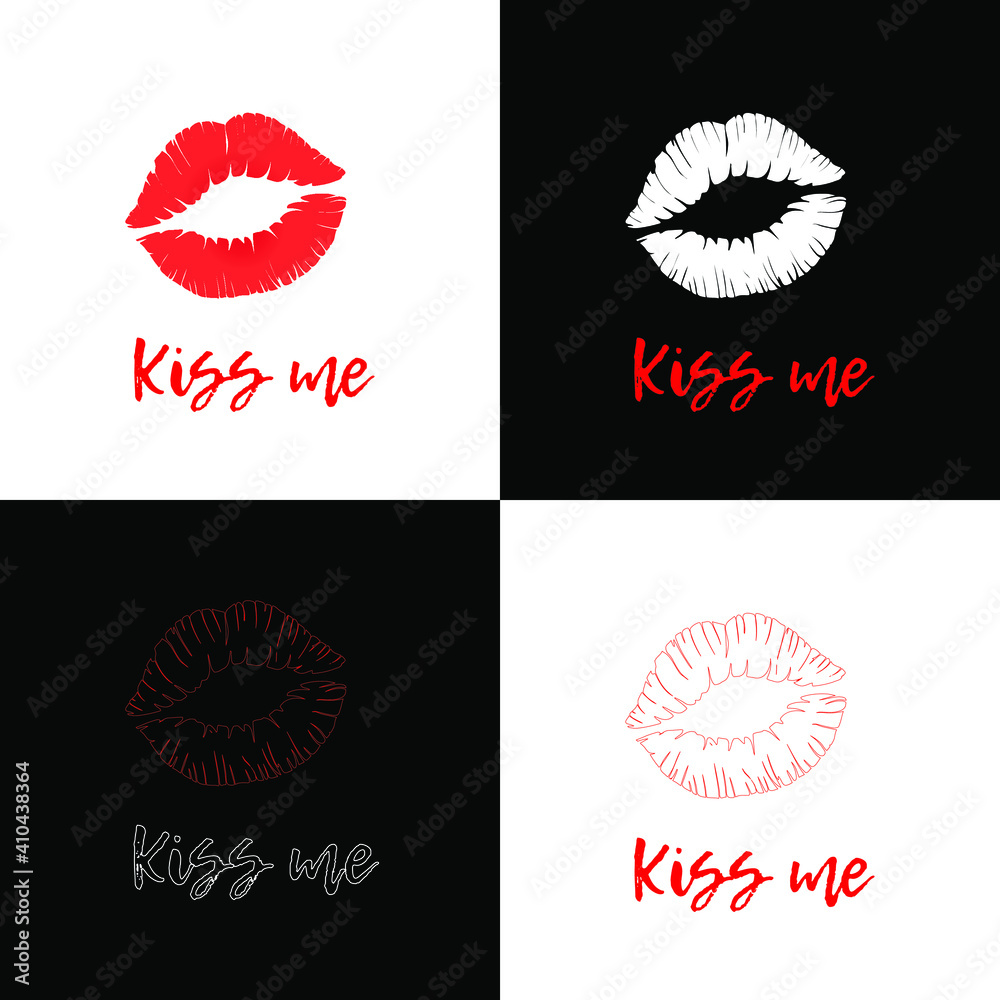 Kiss me set of illustrations with red, white and black lipstick mark ...