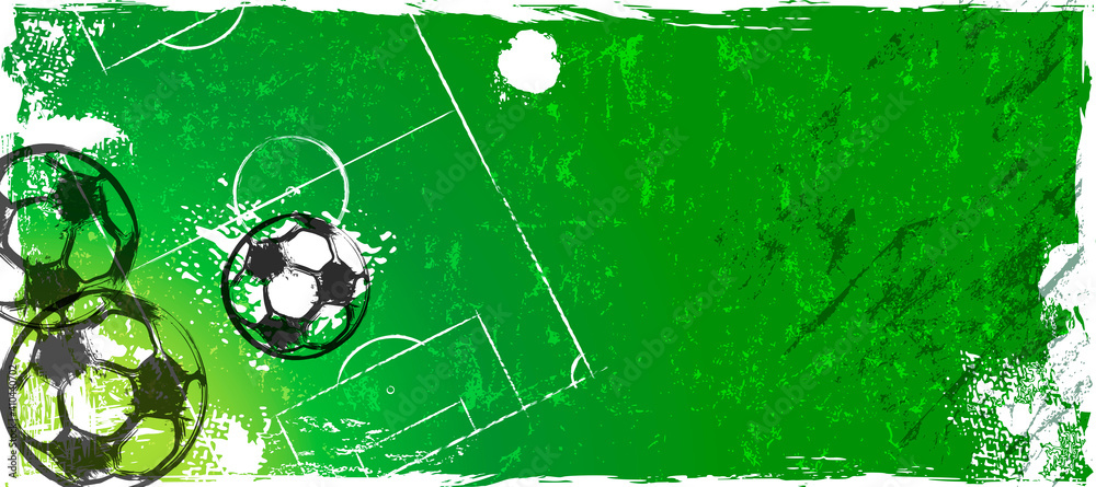 abstact background with soccer ball, football, field, paint strokes and ...