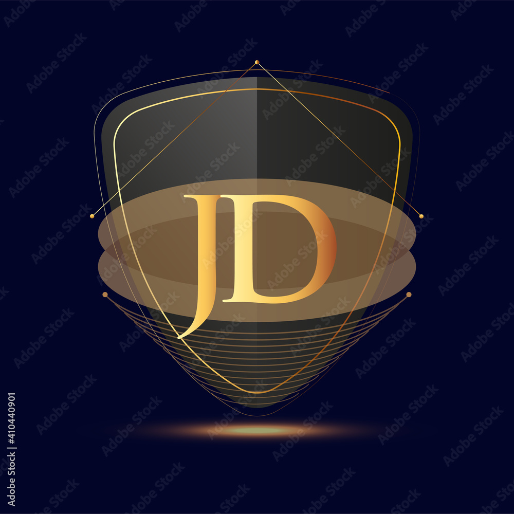 Initial logo letter JD with shield Icon golden color isolated on dark ...